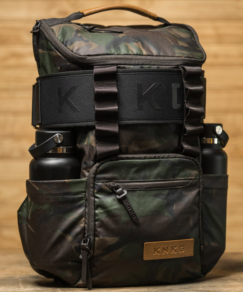 Camo Waxed Canvas Backpack - Lifting Belt Gym Bag | KNKG